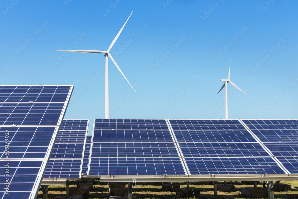 Poster Solar panels and wind turbines generating electricity is solar ...