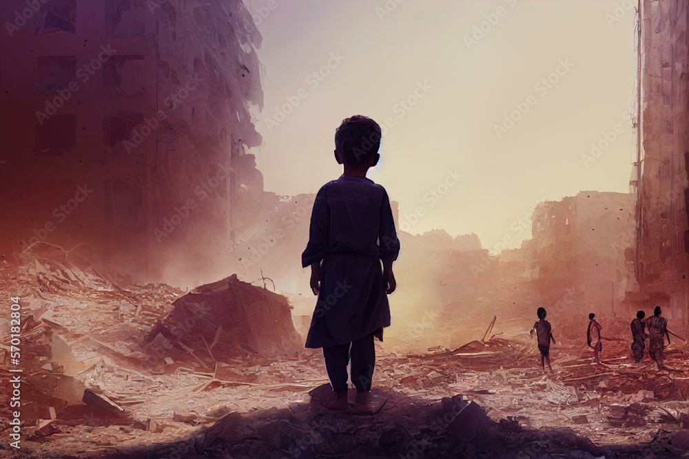 Digital watercolour illustration featuring Yemeni child standing in the ...