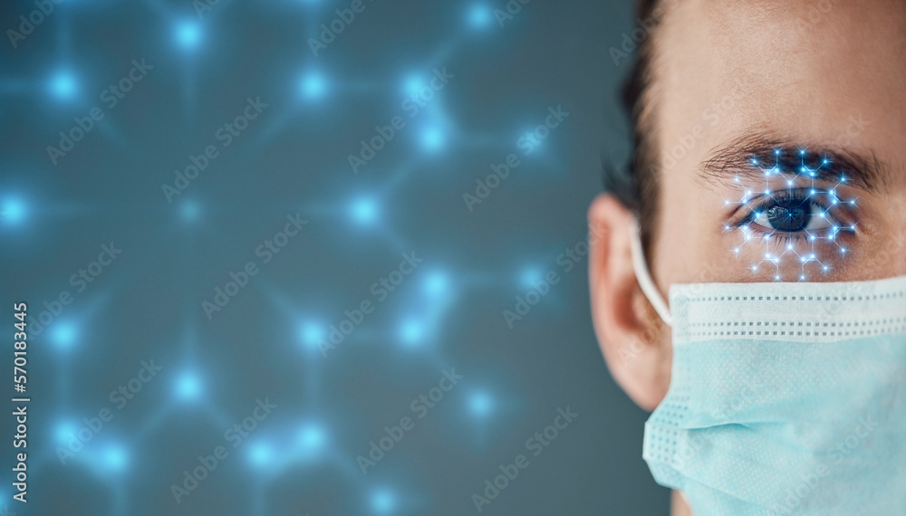 Man, face and eye scanner for biometrics, cyber security or optic ...