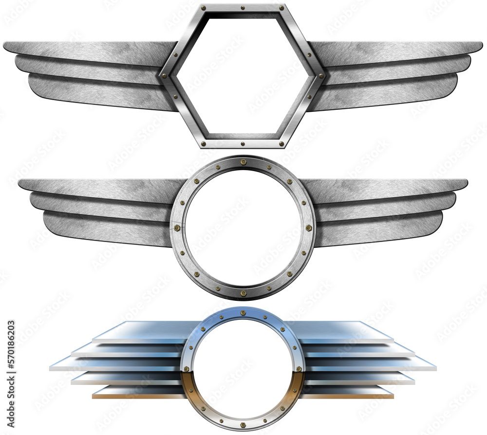 Collection of three metal winged logos isolated on white or transparent ...