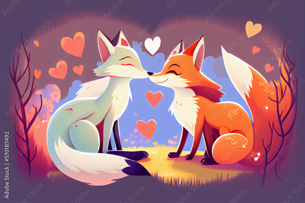 cute happy wolf and fox in love each other, cartoon style, light colors ...