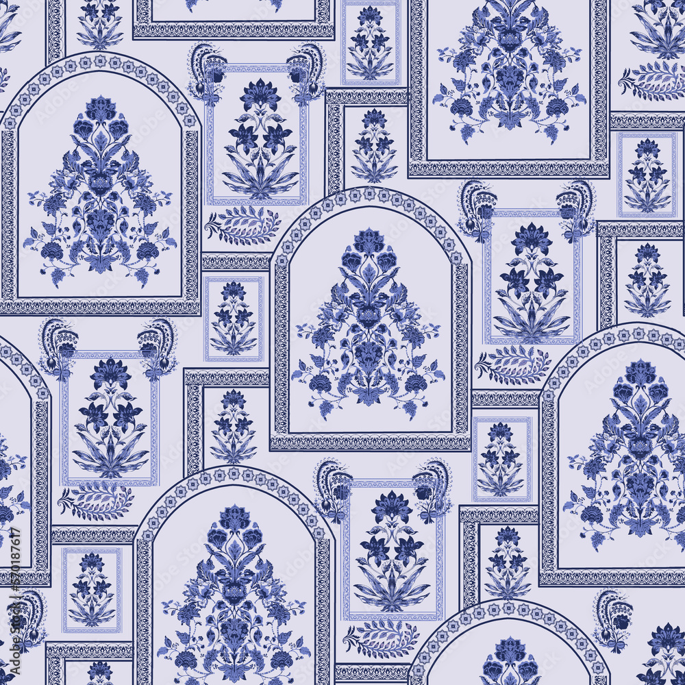 Vintage seamless pattern in Portugal style Indian blue pottery stle ...