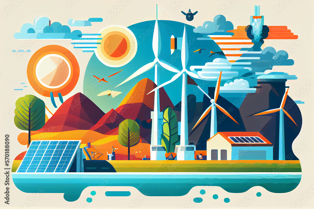 Flat illustration is showing alternative clean energy sources, hydro ...