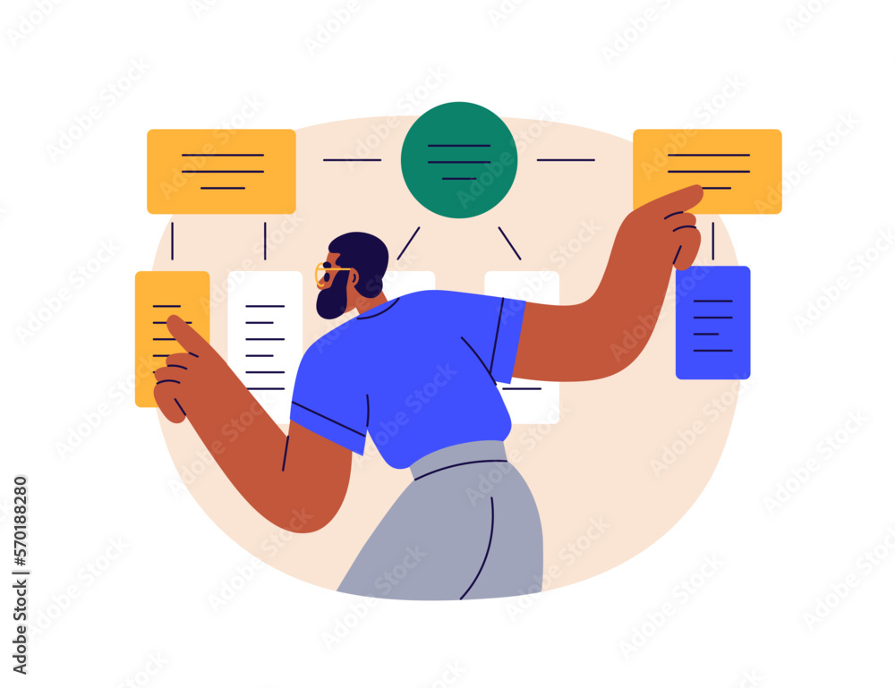 Business flowchart. Man works with algorithm scheme, information ...