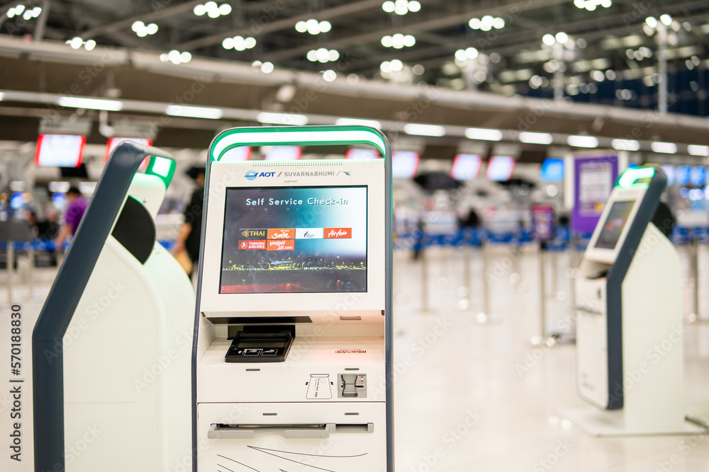 BANGKOK, THAILAND - January 21, 2023: Self-service check-in machine at ...