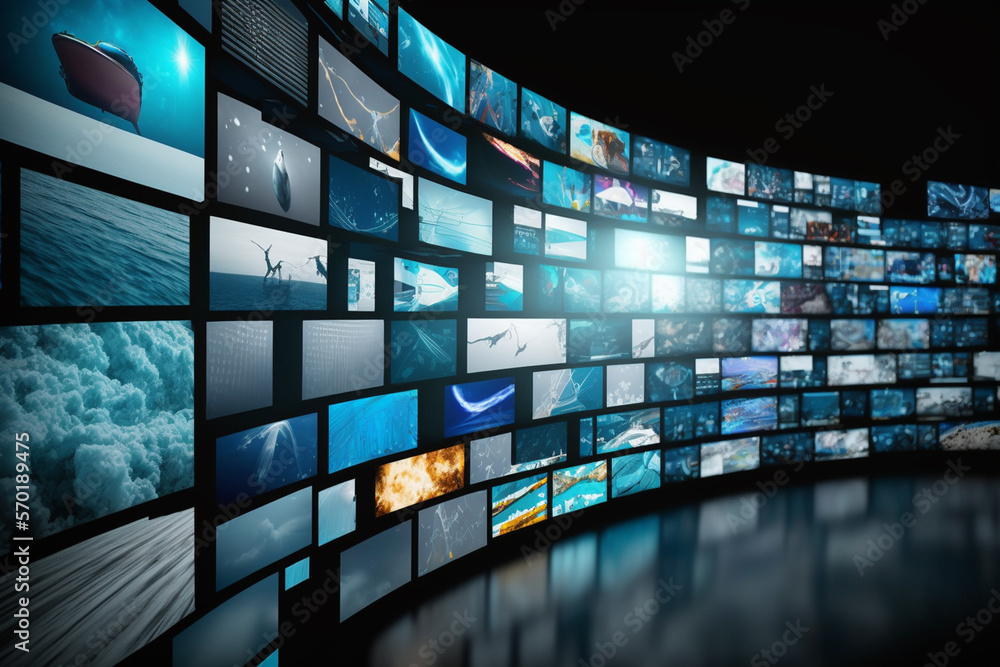 Media concept multiple television screens Video wall with small screens ...