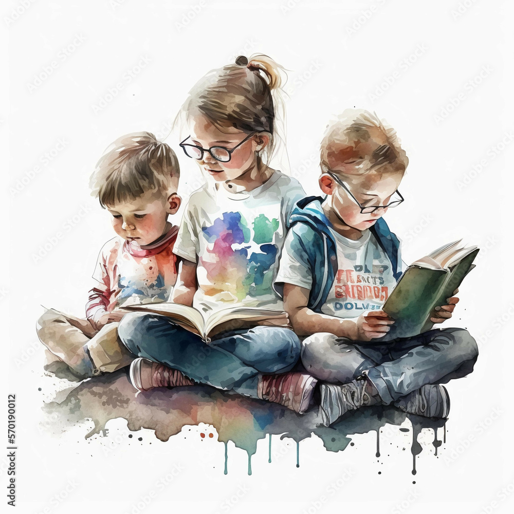 Watercolor drawing with kid reading children's book, evoking a sense of ...