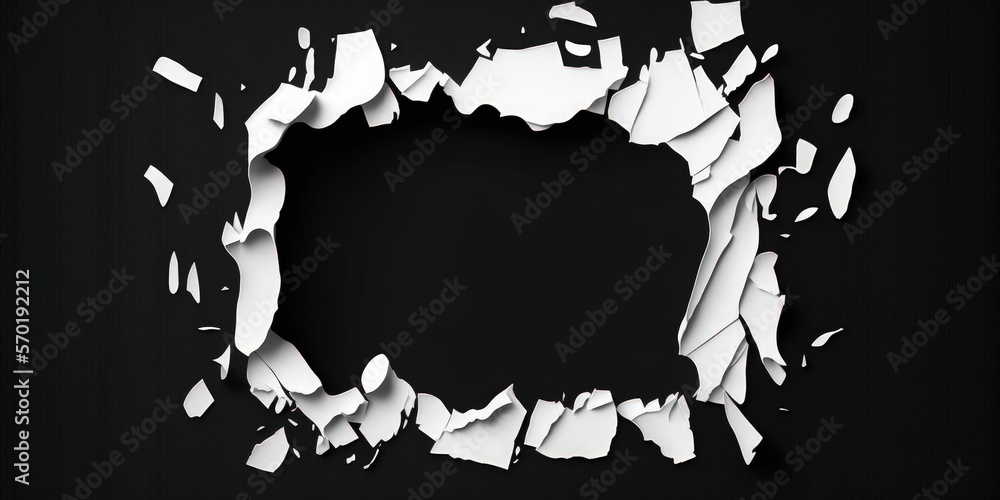 Glued and torn paper texture. Black background with white poster ...