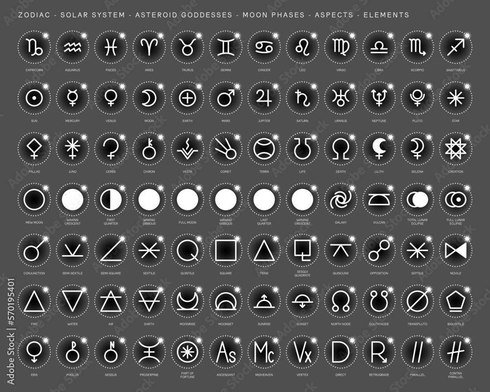 Zodiac, astrology elements, solar system, moon phases horoscope thin ...
