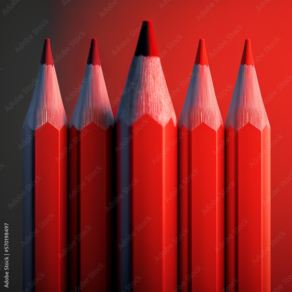 five red pencils next to each other, the first one is the faintest ...