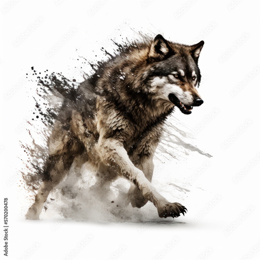 wolf attacking,running, jumping,action pose,tattoo, White background ...