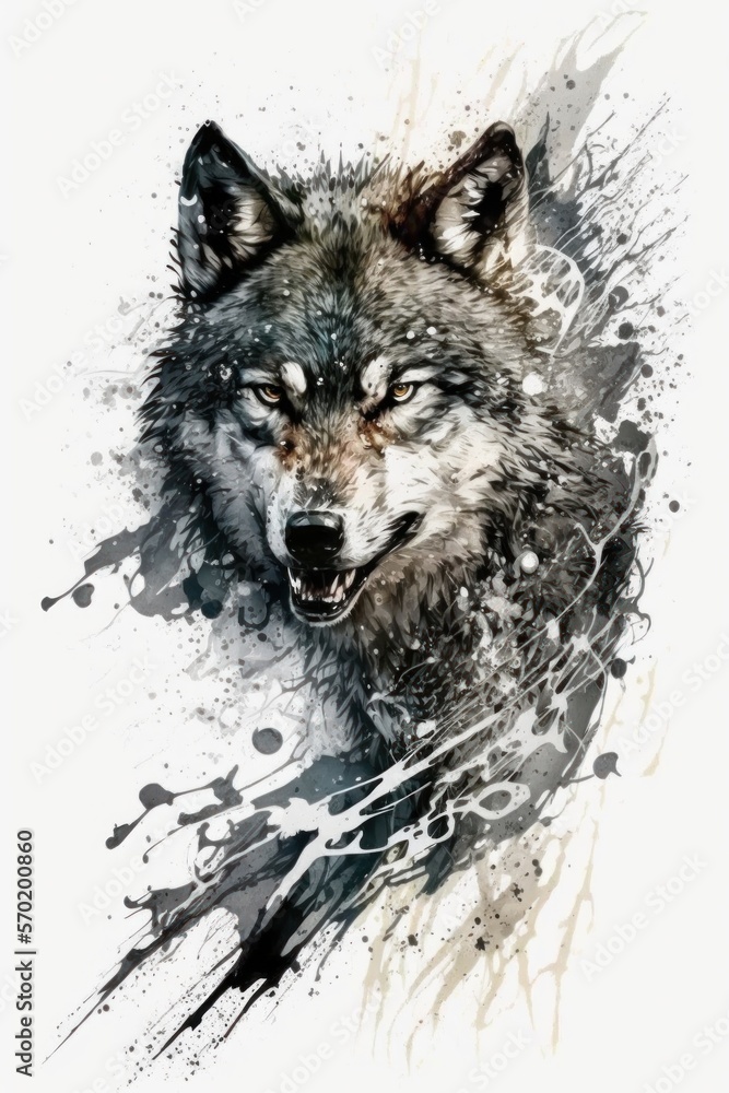 wolf attacking,running, jumping,action pose,tattoo, White background Generative AI Stock ...
