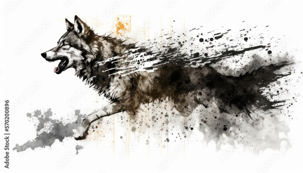 wolf attacking,running, jumping,action pose,tattoo, White background ...