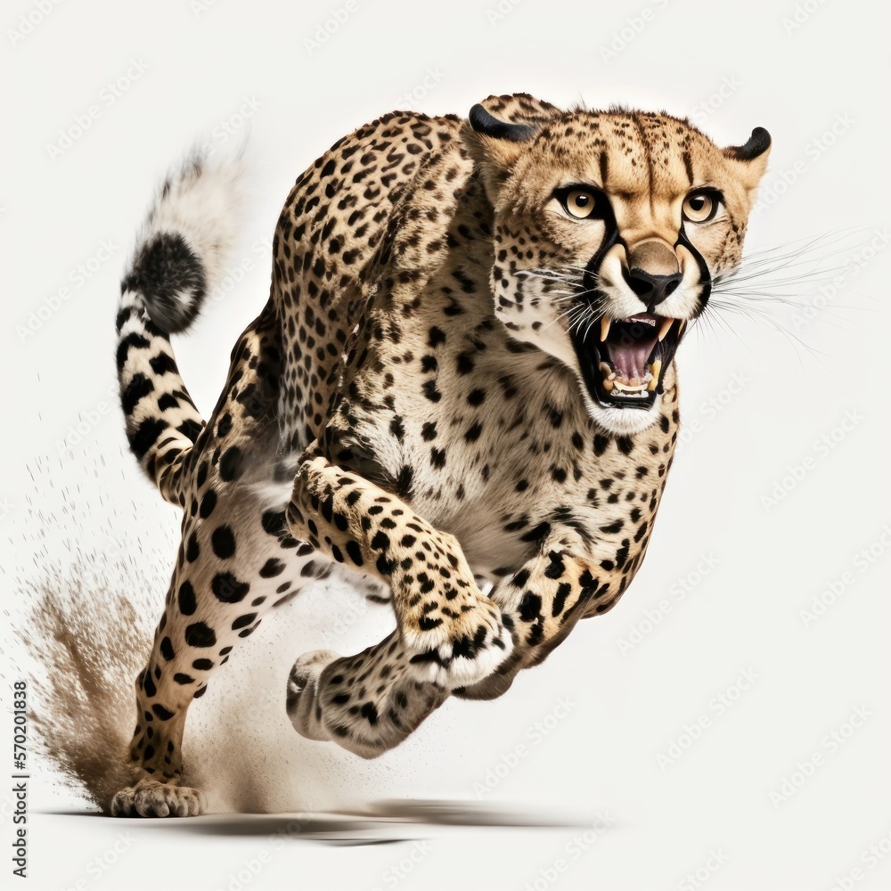 cheetah attacking,runng, jumping,action pose,tattoo, White background ...