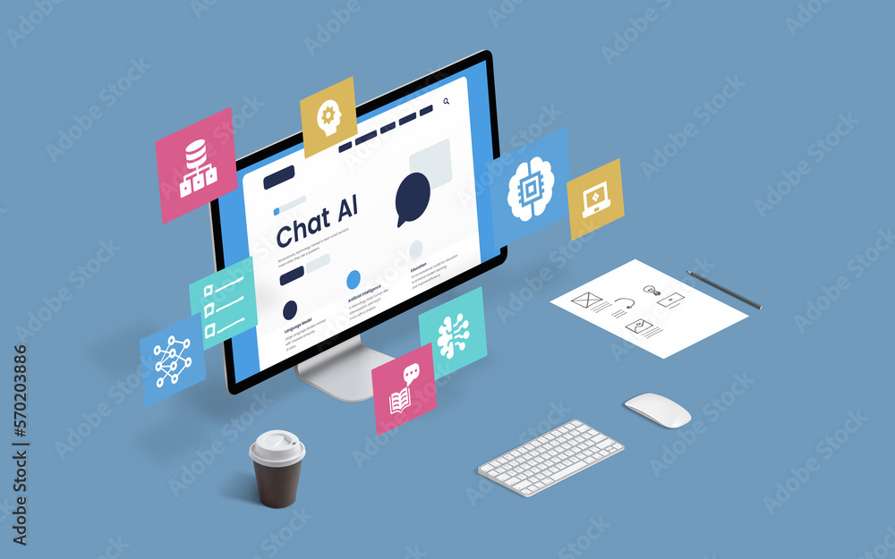 Computer display with a Chat AI app interface open in isometric ...
