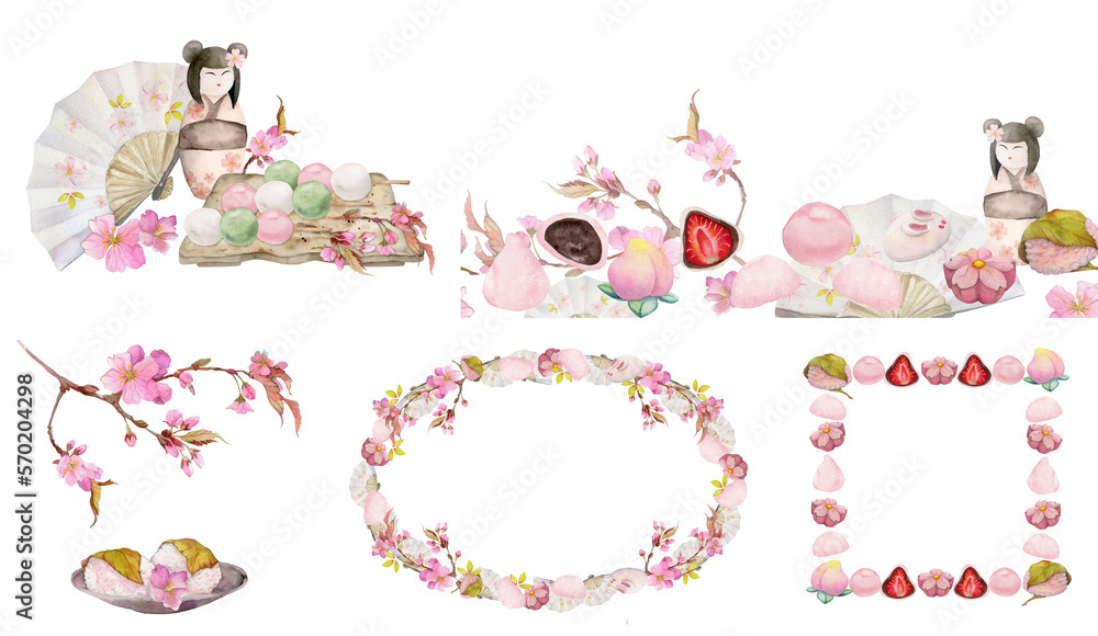 Watercolor hand drawn traditional Japanese sweets. Set of compositions ...