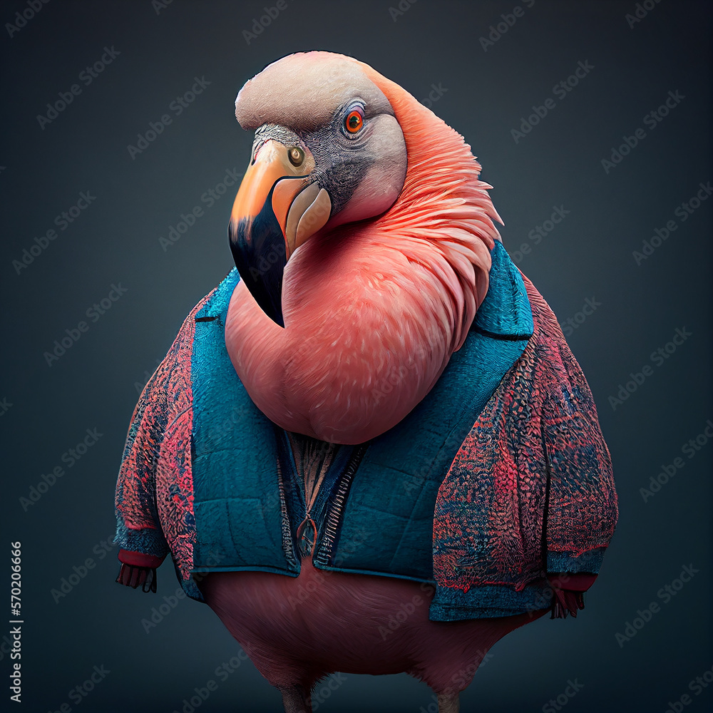 Realistic lifelike overweight fat flamingo bird in Medieval Renaissance ...