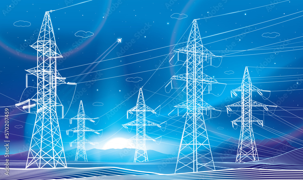 High voltage transmission systems. Electric pole. Neon glow. Energy ...