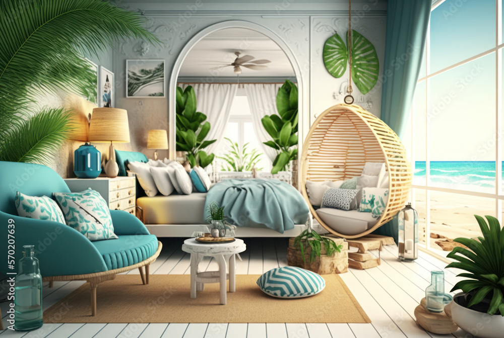 ภาพประกอบสต็อก Beach luxury resort hotel room graphic design 3d model ...