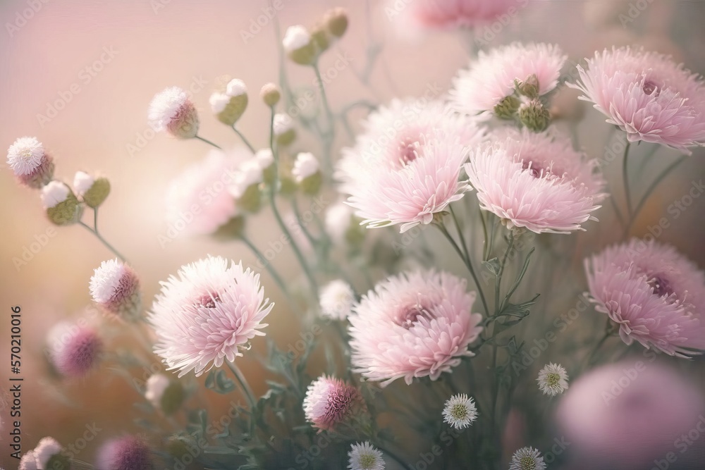 Pastel pink fluffy spring flowers in bloom. Generative ai composite ...