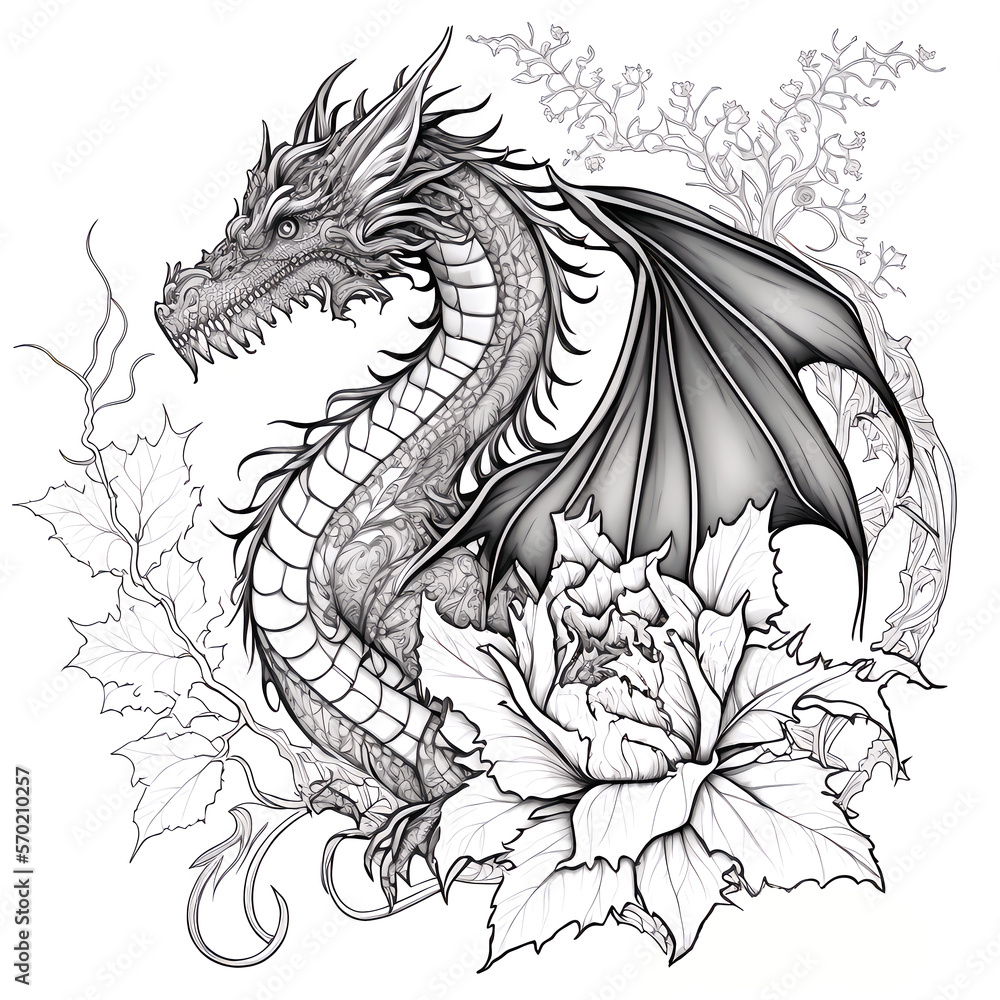Gothic dragon, simple lines, coloring page generative ai Stock ...