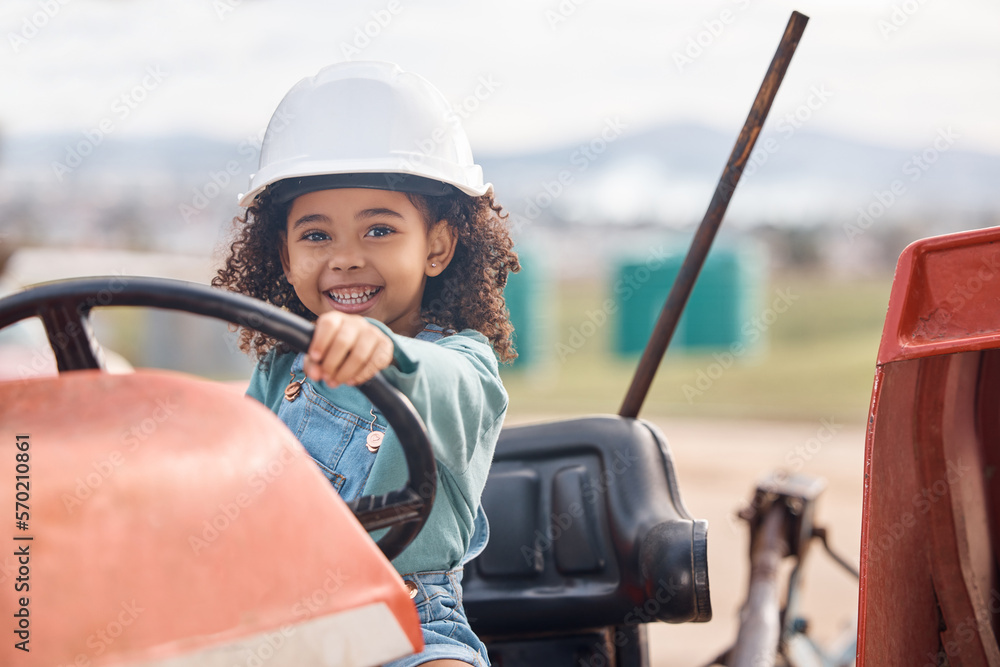 Girl child in tractor, portrait and farming transport, sustainability ...