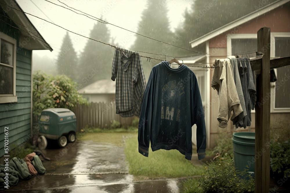 Forgotten clothes on the hang line left out in the rain. Generative ai ...