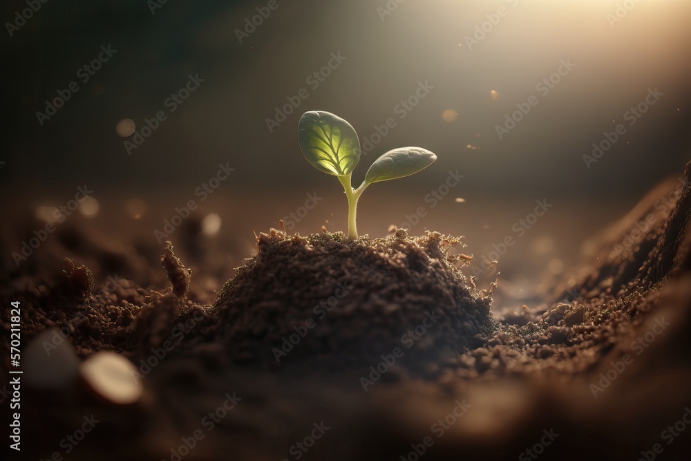 A seed sprouting from the Earth embracing the warm glow of the sun ...