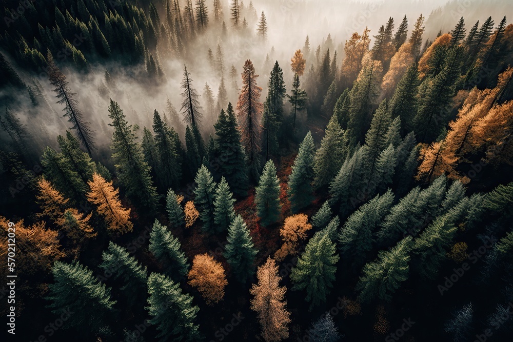Overhead view of fog entering a forest. Generative ai composite. Stock ...