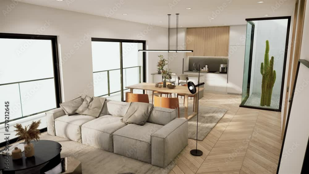 3D rendering animation interior design of modern apartment minimal room ...