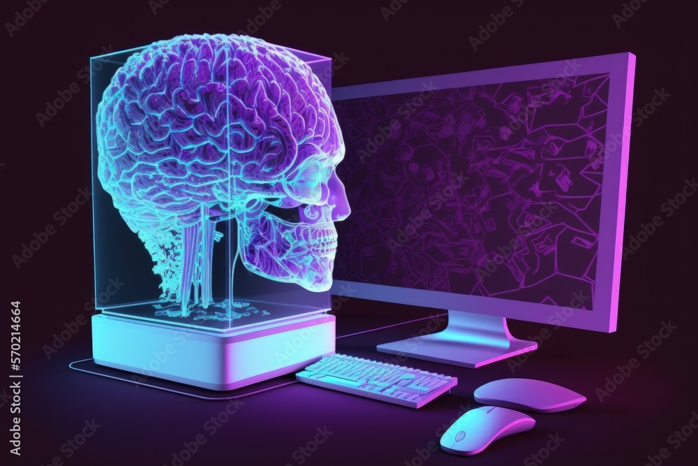 Double exposure shows a desktop computer drawing a hologram of the ...