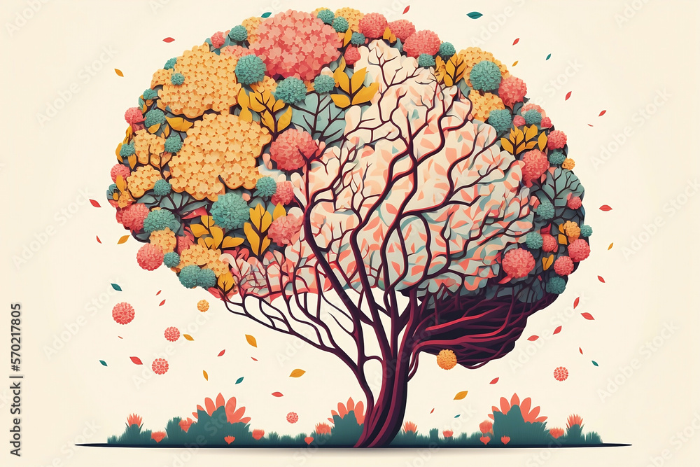 Human brain tree with flowers, self care and mental health concept ...