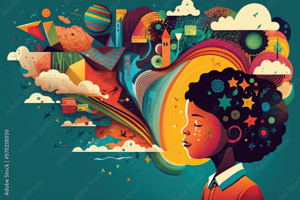 Childs imagination with vibrant colorful shapes, lines, patterns ...