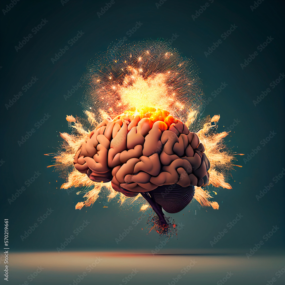 Human brain exploding into pieces high mental activity, hot fire smokes ...