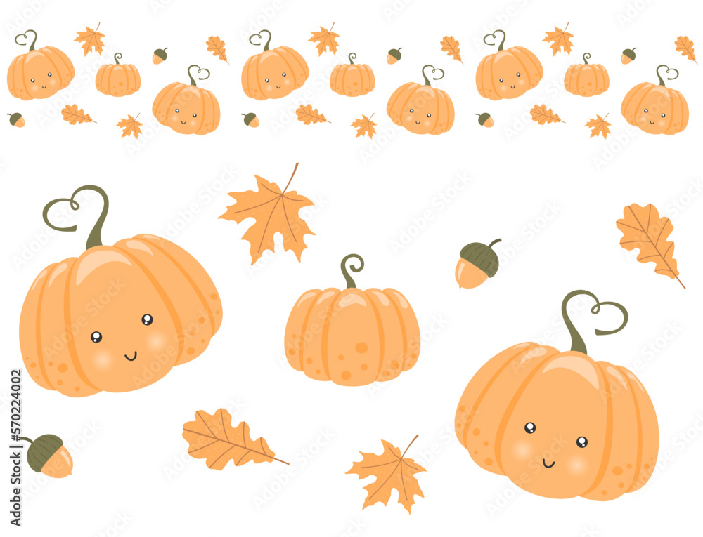 Ripe pumpkin with a cute face and a heart-shaped stem, acorns, maple ...