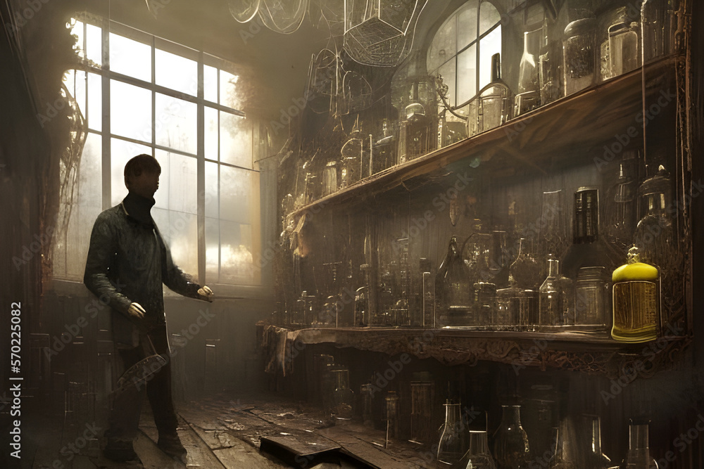 Alchemist lab. A strange and creepy cabinet of curiosities filled with ...