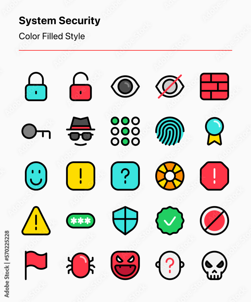 Customizable set of system security icons covering elements of privacy ...