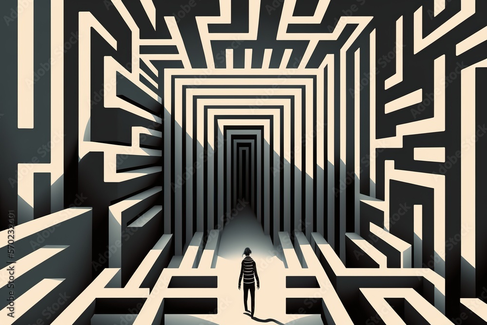 An image of person lost or trapped inside a giant barcode maze looking ...