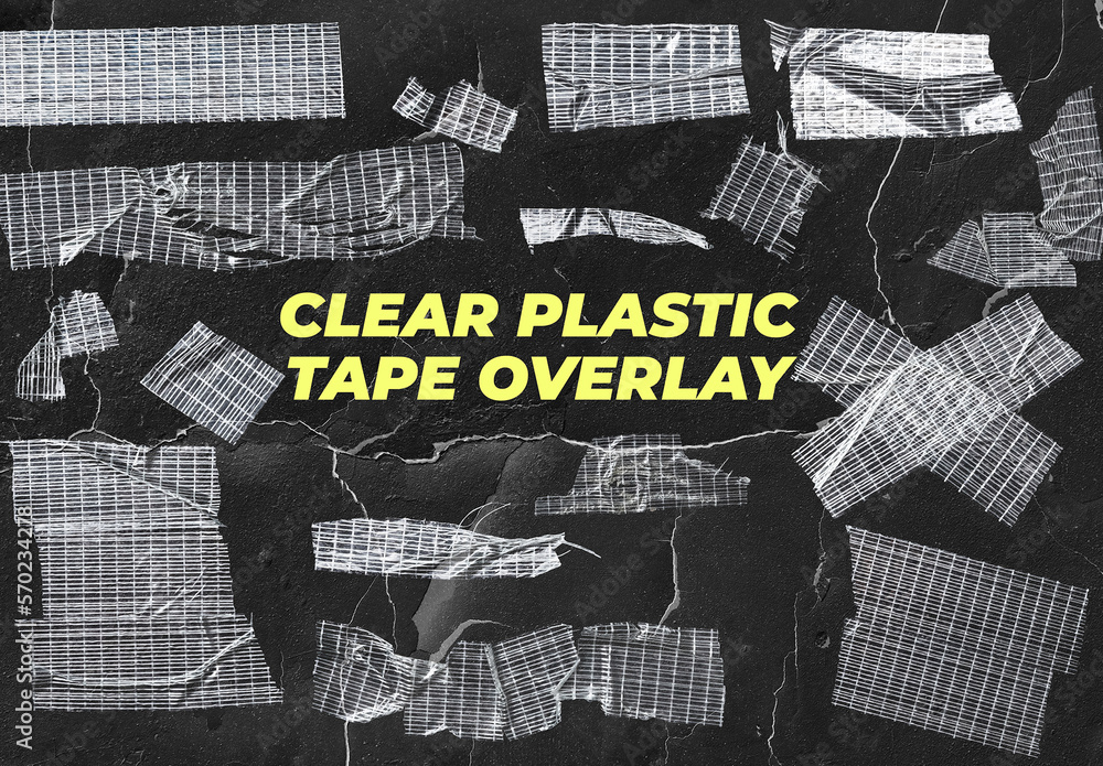 Pack of 16 realistic transparent adhesive tape strips isolated on black ...