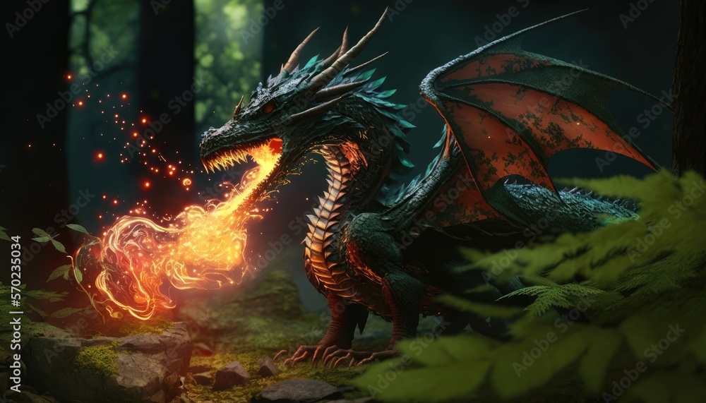 A 3D Animation of a Fire-Breathing Dragon in a Mythical Forest ...