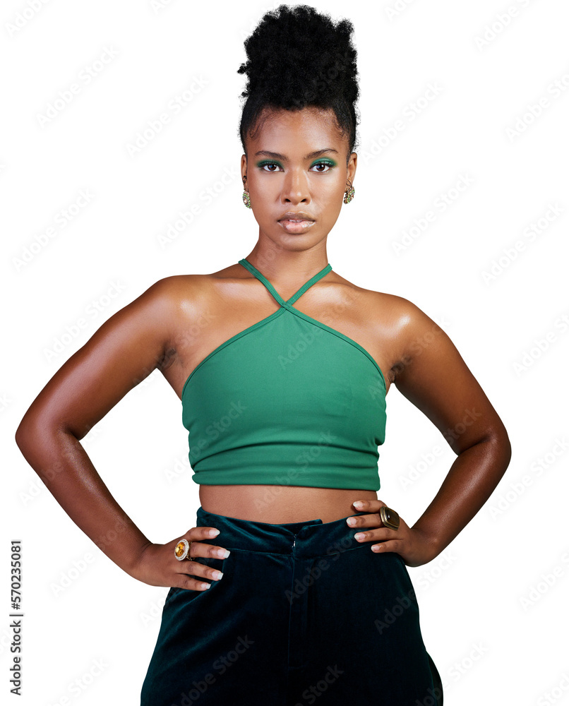 A green fashion, beauty and makeup with a black woman hands on hips ...