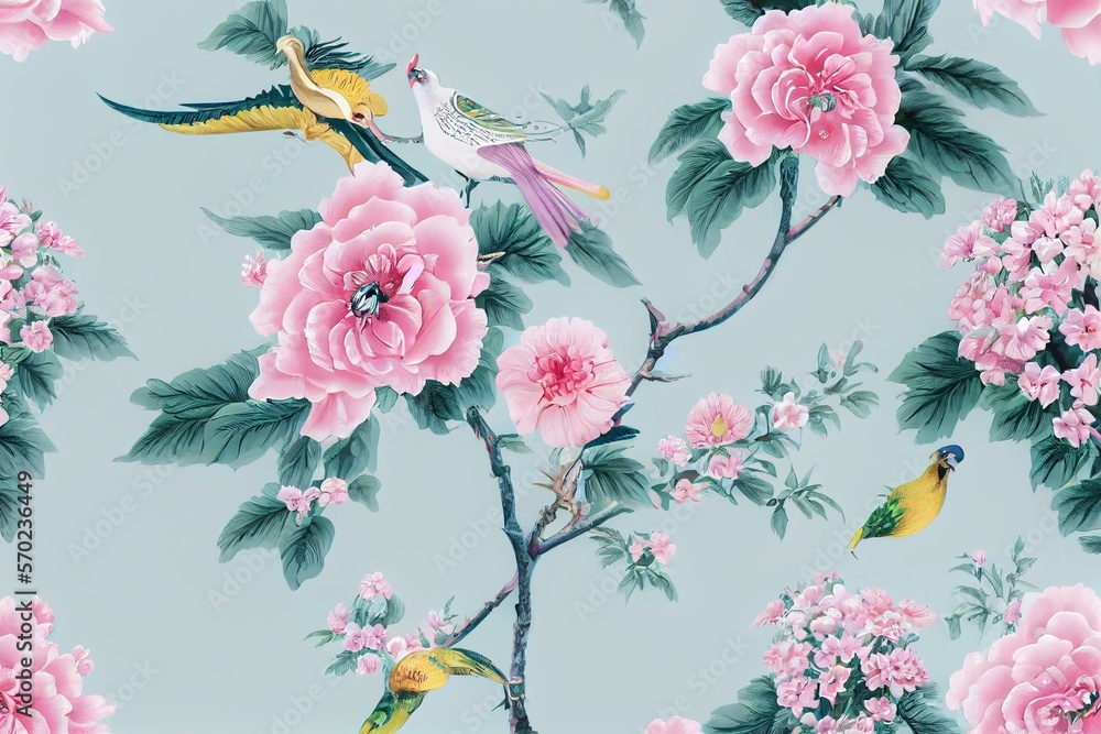 Chinoiserie Vintage floral illustration for wallpaper, fabric, packaging. Mural. Bloom. Seamless ...