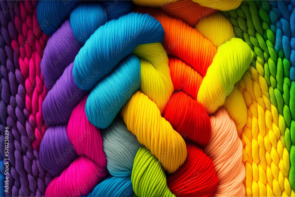Many colorful Rainbow yarn for knitting. Twisted threads abstract ...