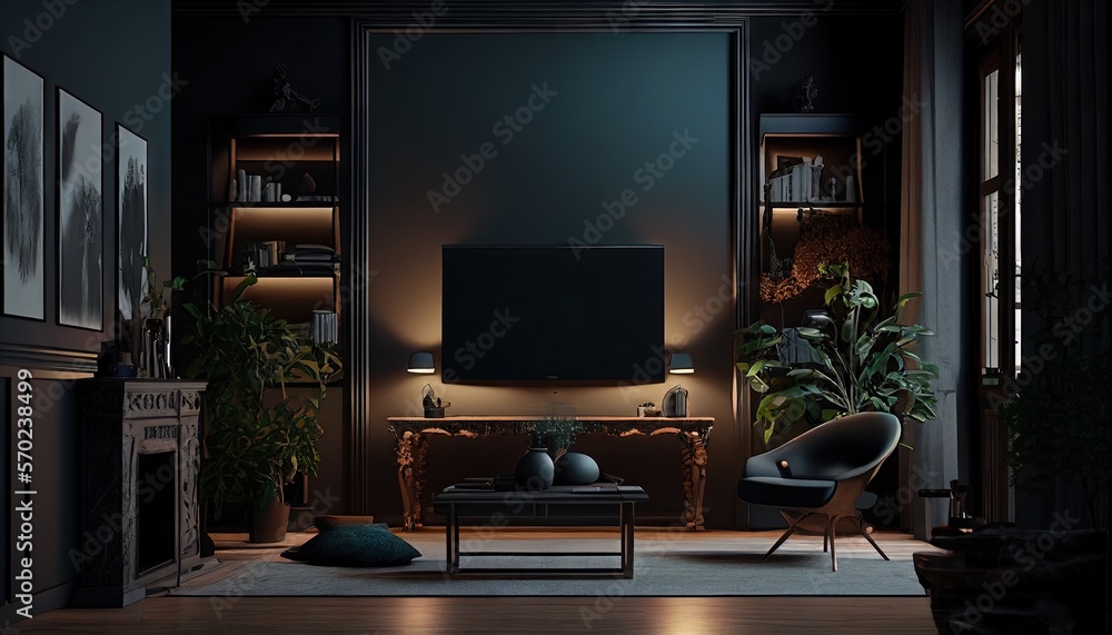 Modern dark home interior background with TV, flowers, carpet, and ...