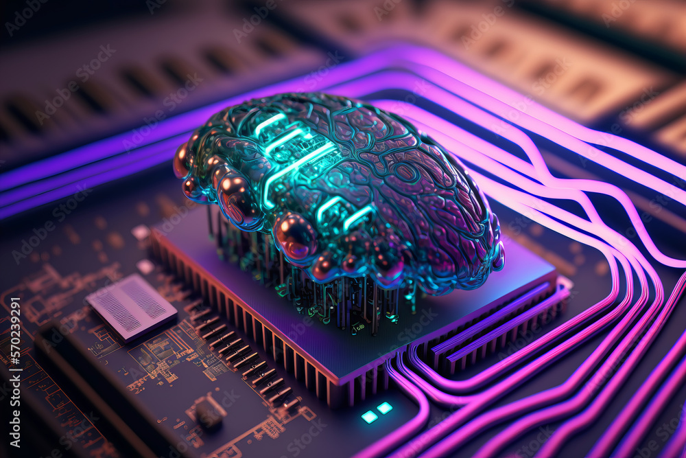 Cybernetic brain artificial intelligence from chips with holographic glowing structures ...