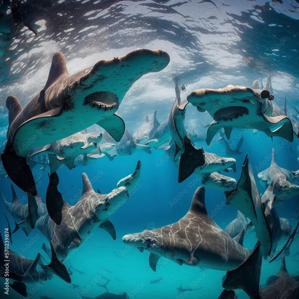 Hammerhead Sharks Swimming in a Large School in the Ocean Stock ...