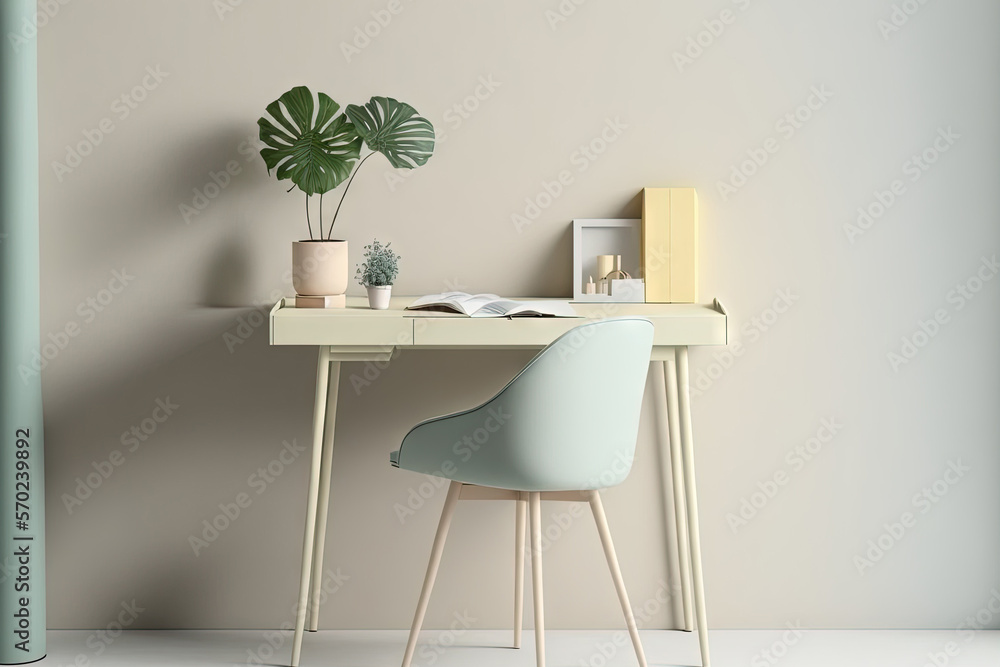 Pastel beige monochrome minimal office table desk. Minimal idea concept ...