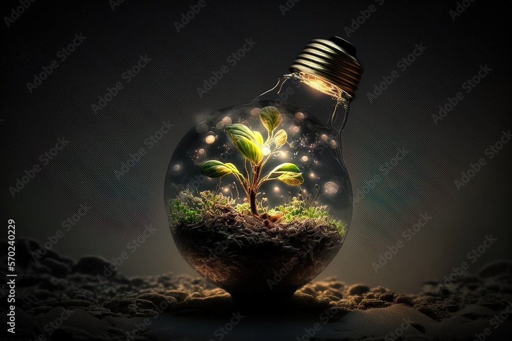 Plants growing into a bulb as a representation of the power of solar ...