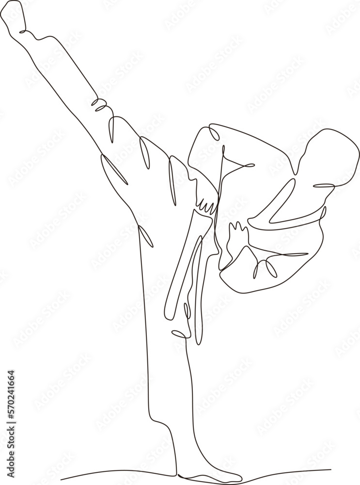 Single line drawing of young wushu fighter, kung fu master in uniform ...