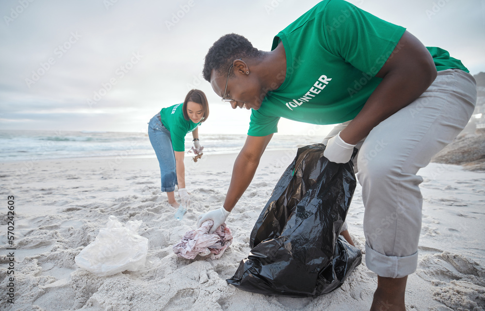 Friends, cleaning and recycling with people on beach for sustainability ...